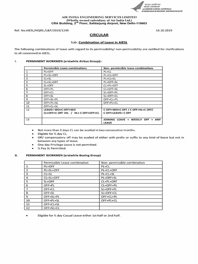 CIRCULAR On Combination of Leave For The Employees of AIESL | PDF