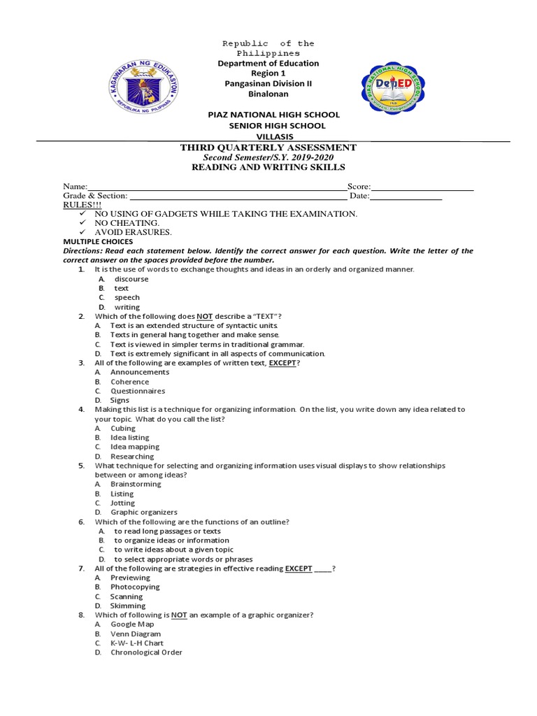3rd QUARTER EXAMINATIONS RWS | PDF | Substance Abuse | Test (Assessment)