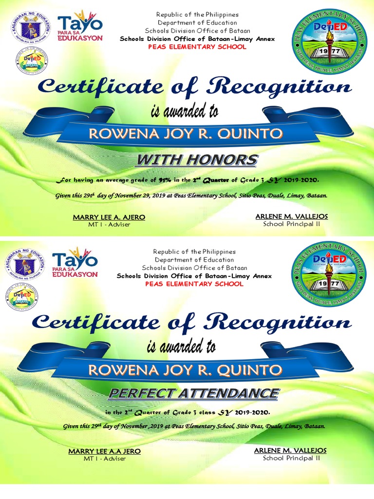 Certificate-Of-Recognition-2019-2020 WITH HONORS | PDF