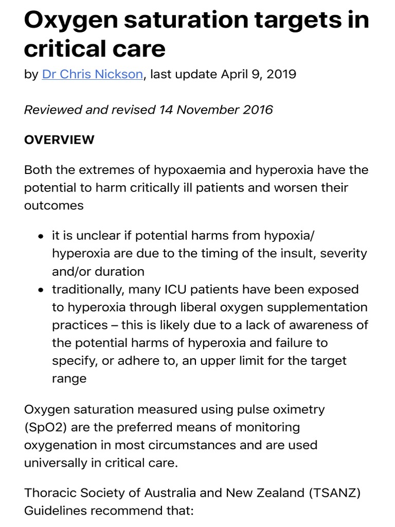 Oxygen Saturation Targets in Critical Care - LITFL - CCC | PDF ...