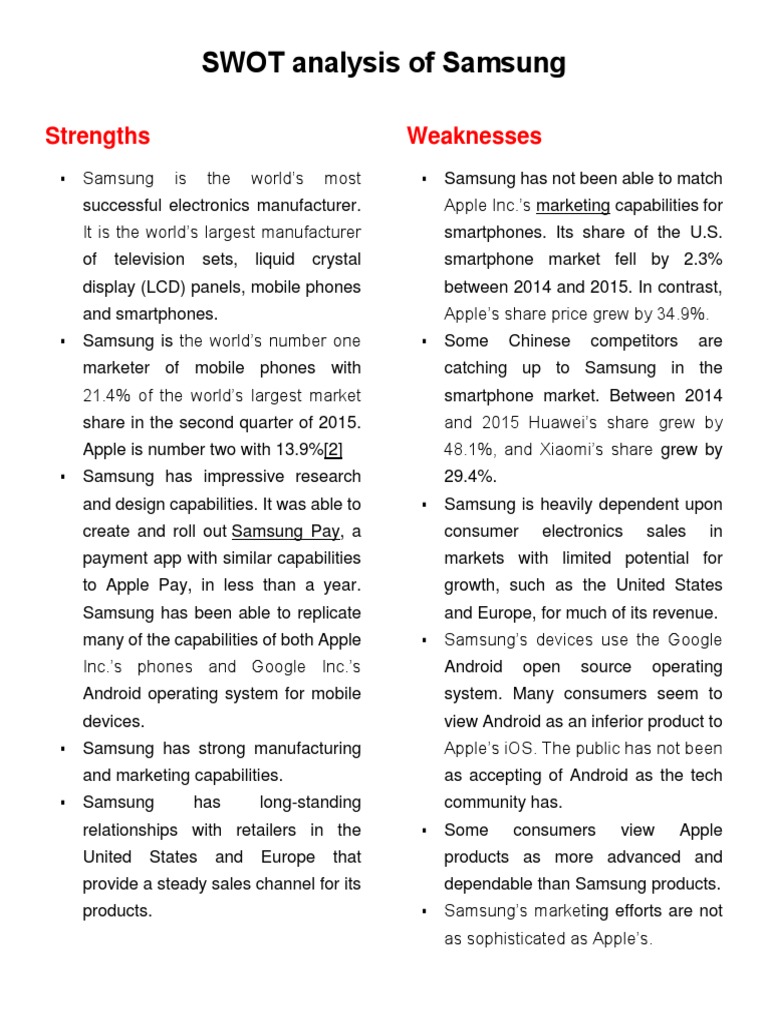 SWOT Analysis of Samsung | PDF | Samsung Electronics | Smartphone