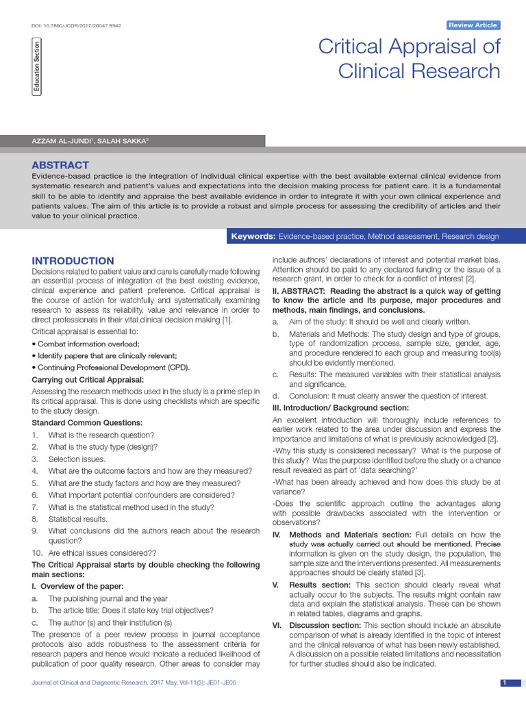 Critical Appraisal PDF | PDF | P Value | Evidence Based Medicine