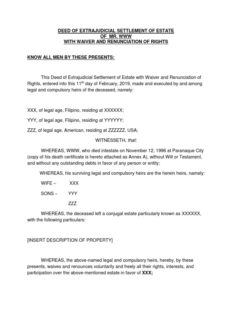 Deed of Extrajudicial Settlement of Estate Sample | PDF