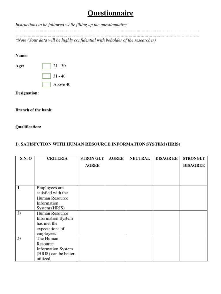HRIS Satisfaction Questionnaire | PDF | Human Resource Management ...