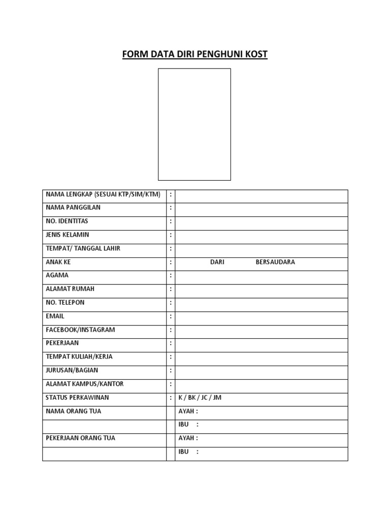 Form Data Diri Penghuni Kost | PDF