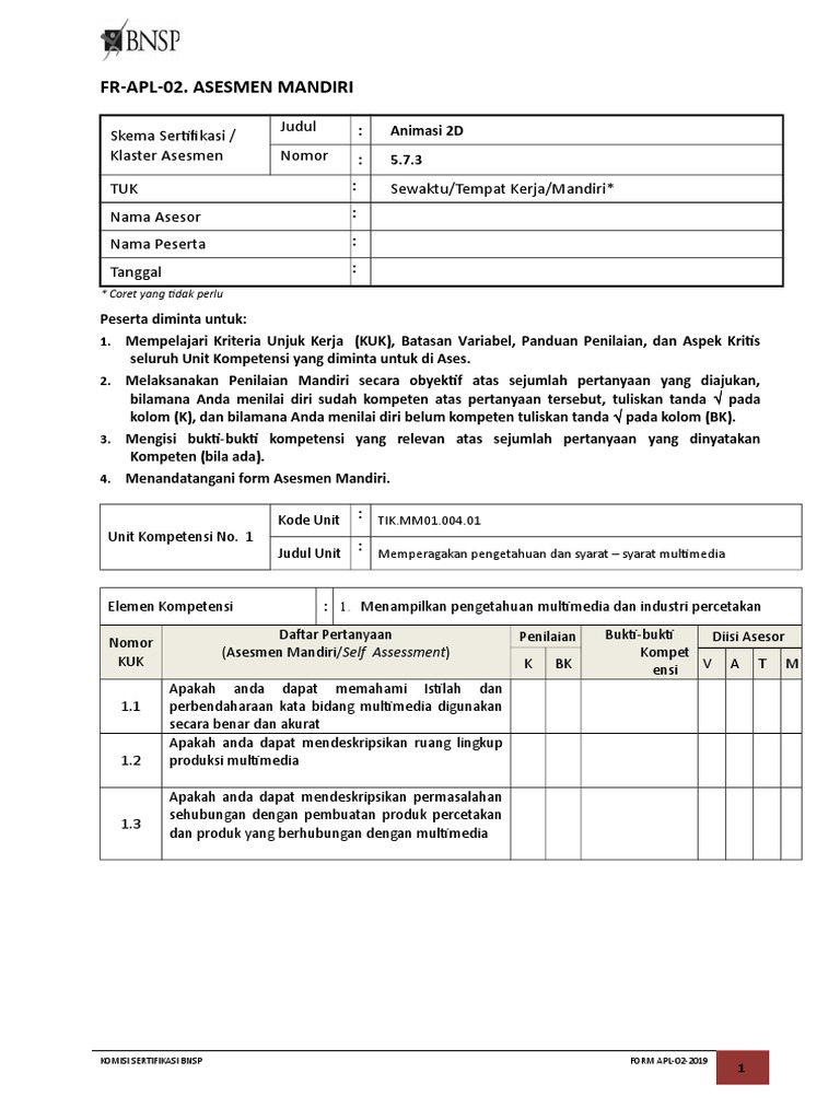 FORM FR - APL-02 Animasi 2D | PDF