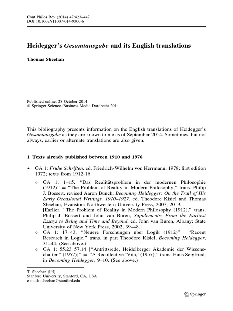 English Translations of Heidegger's Gesamtausgabe | PDF | Martin ...