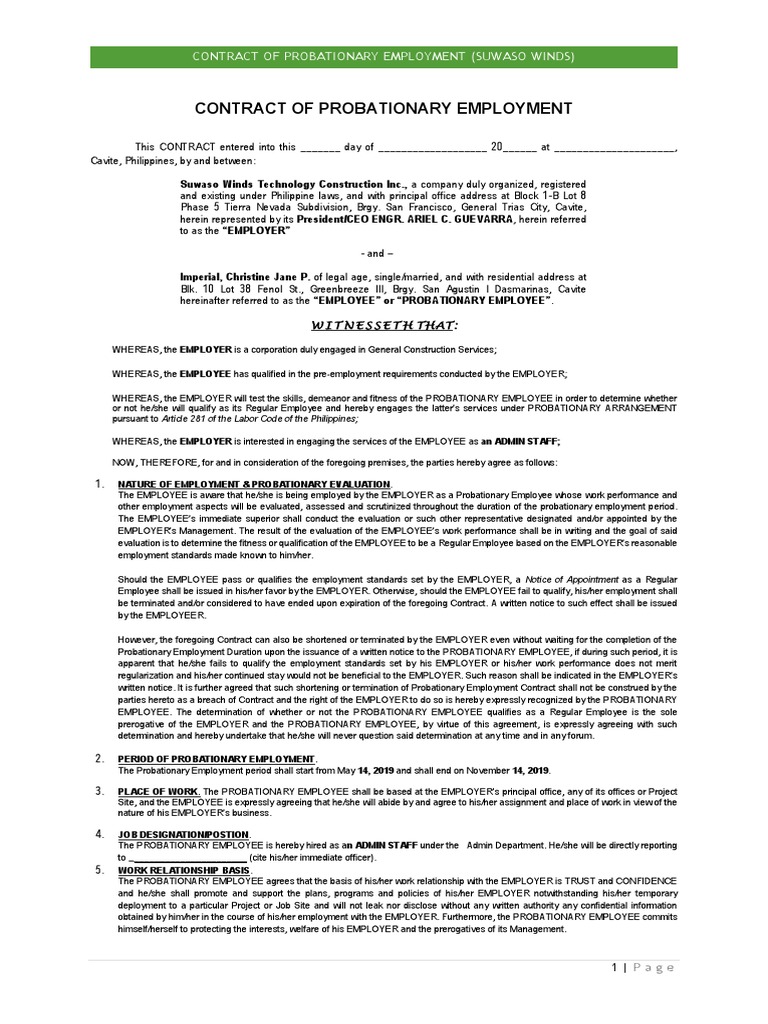 Suwaso Winds Probationary Contract | PDF | Employment | Damages