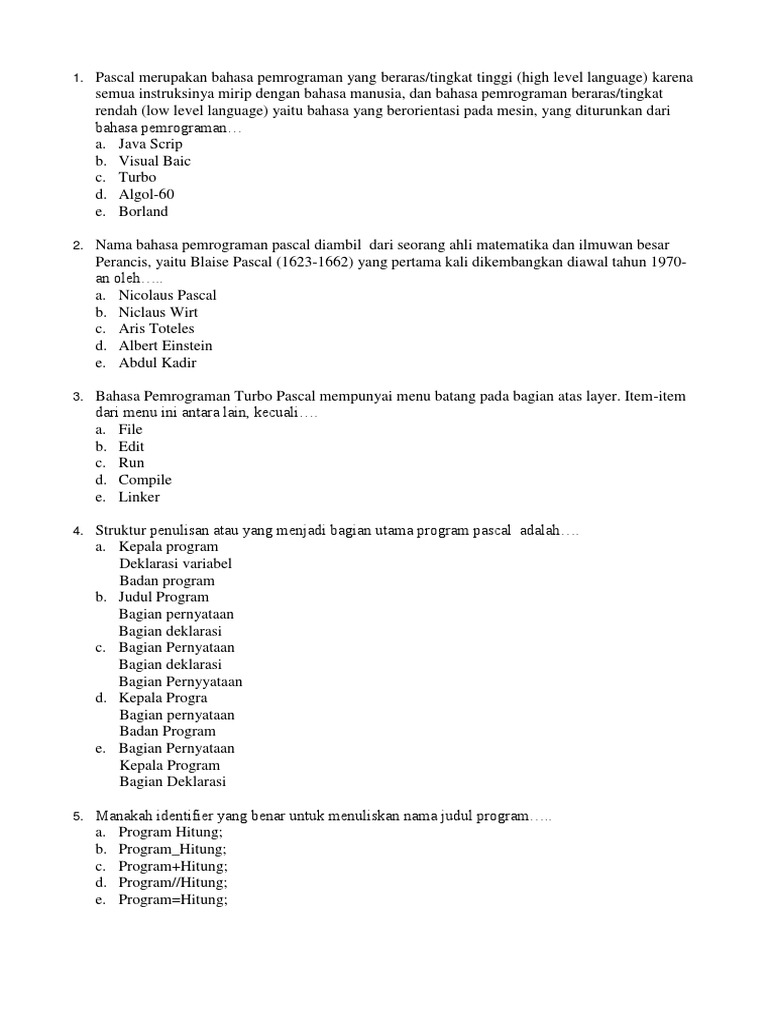 Soal Pascal (Pemrograman Dasar) Kelas X | PDF | Metode & Bahan Ajar | Komputer