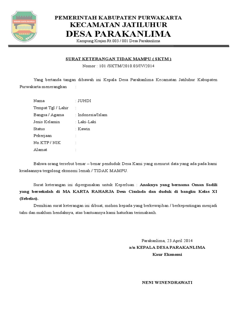 Surat SKTM Untuk Pengajuan Pip | PDF