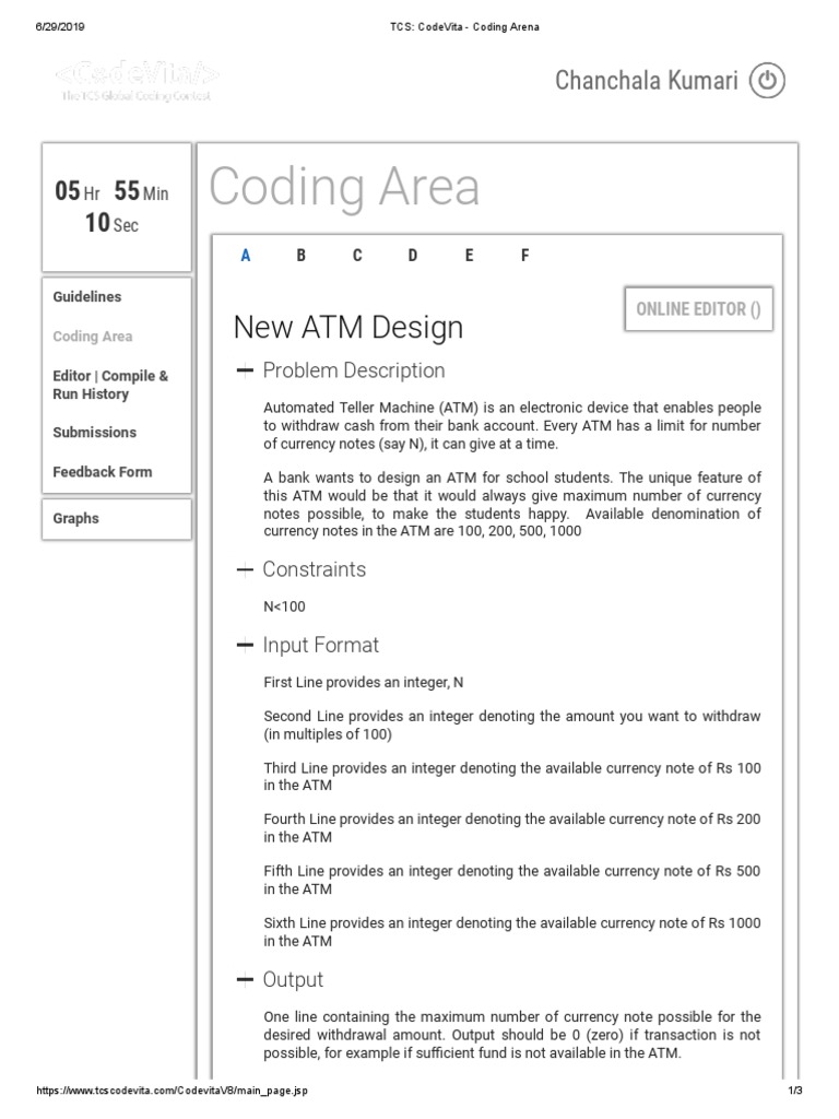 TCS - CodeVita - 1 | PDF | Automated Teller Machine | Areas Of Computer Science