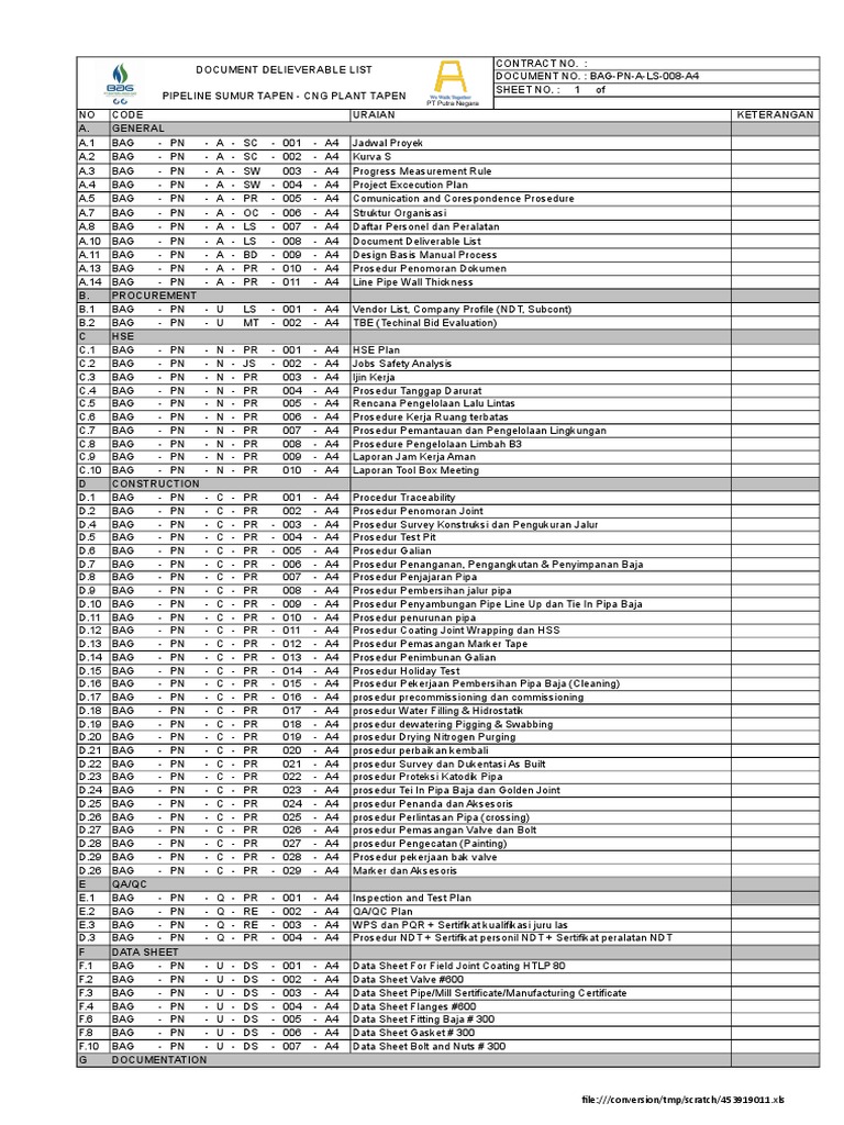 A. 011. Document Deliverable List | PDF | Plumbing | Gas Technologies
