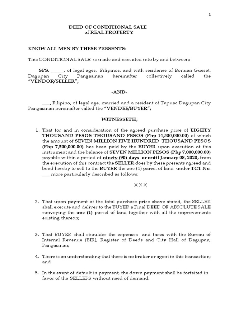 Conditional Sale Sample | PDF | Deed | Sales