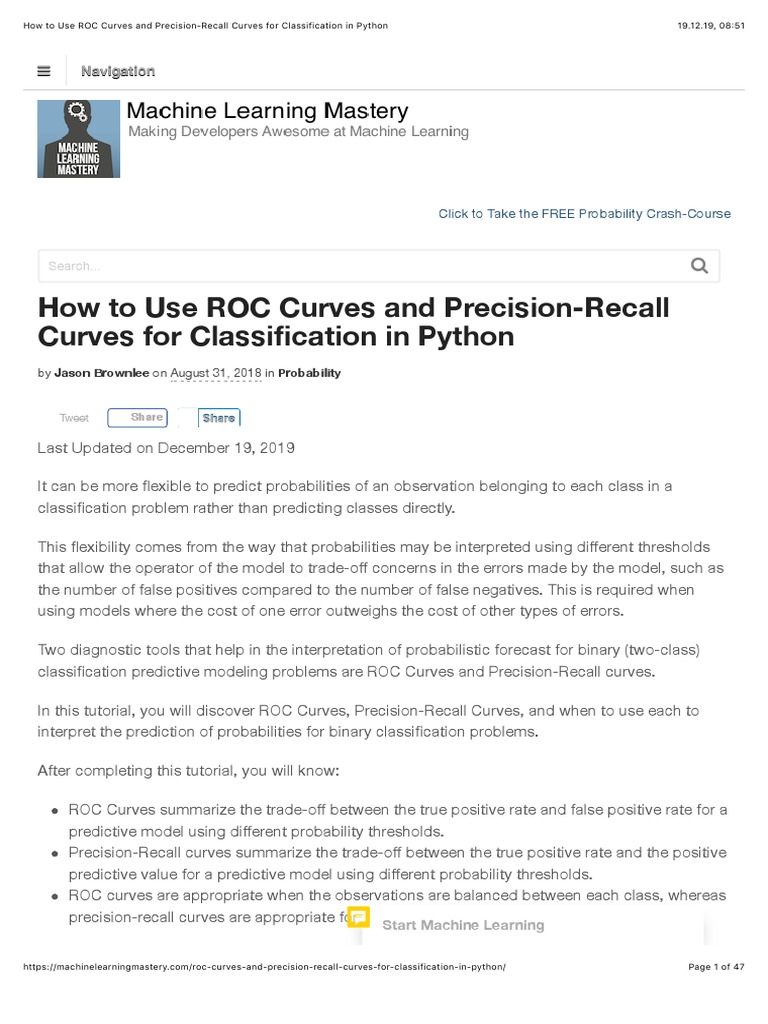 How To Use ROC Curves and Precision-Recall Curves For Classification in ...