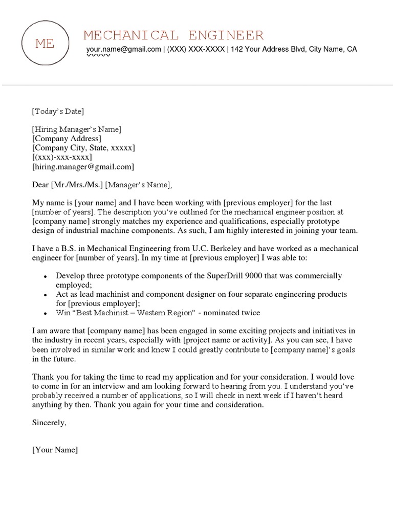 Mechanical Engineer Cover Letter Sample - Unique Red | PDF ...