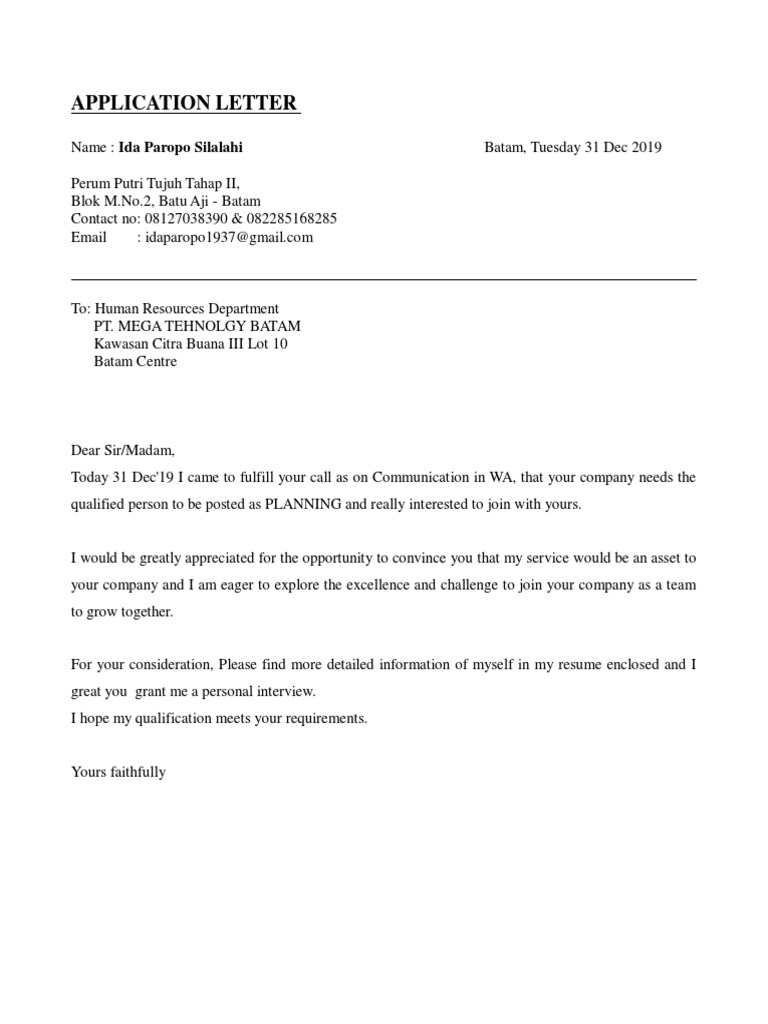 Application Letter for Planning Position | PDF | Inventory | Logistics