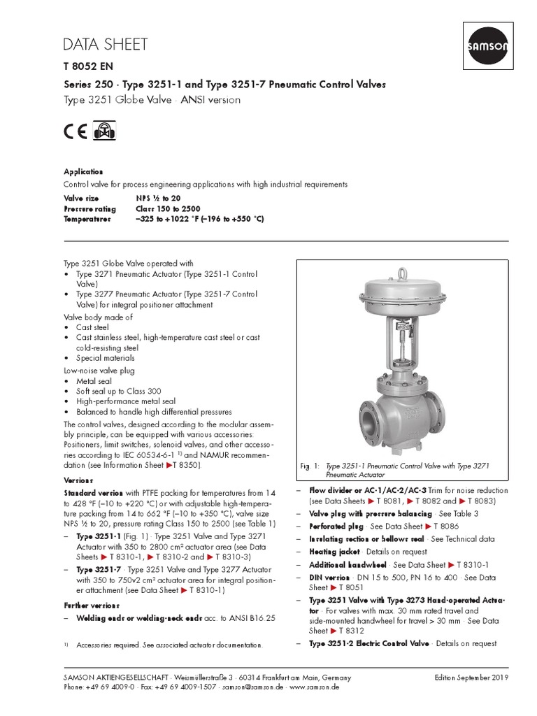 T80520en Samson Datasheet | PDF | Valve | Manufactured Goods