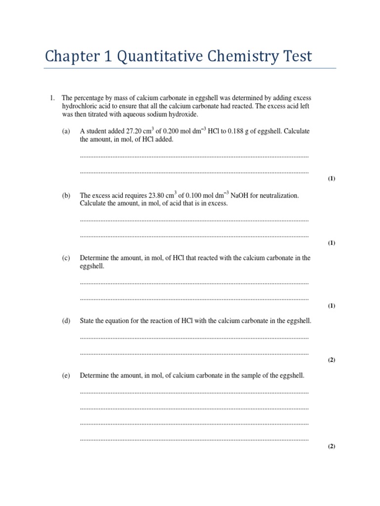 Chapter 1 Quantitative Chemistry Test PDF | PDF | Hydrochloric Acid ...