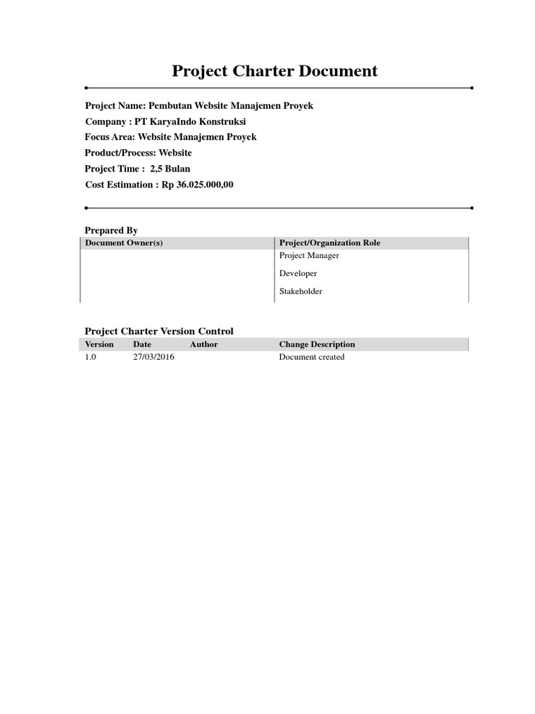 Contoh Project Charter Website Konstruksi | PDF