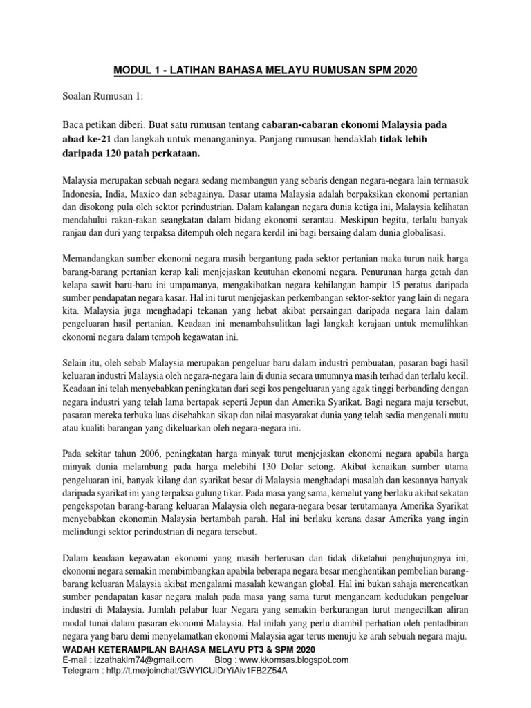 Modul 1 - Latihan Bahasa Melayu Rumusan SPM 2020 | PDF
