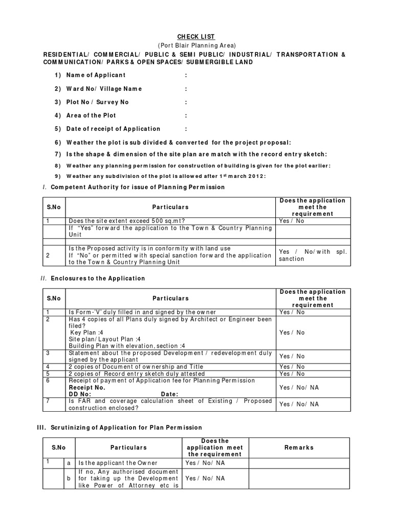 Checklist of Building Plan For Port Blair Planning Area PDF | PDF ...