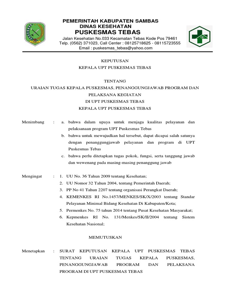 2.3.2.SK Uraian Tugas Kepala Puskesmas Penanggungjawab Program Dan Pelaksana Kegiatan | PDF