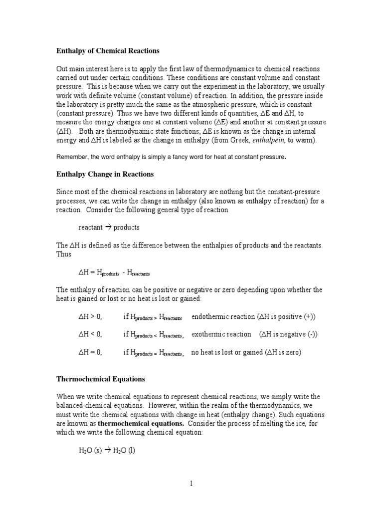 Enthalpy of Chemical Reactions | PDF | Enthalpy | Chemical Reactions
