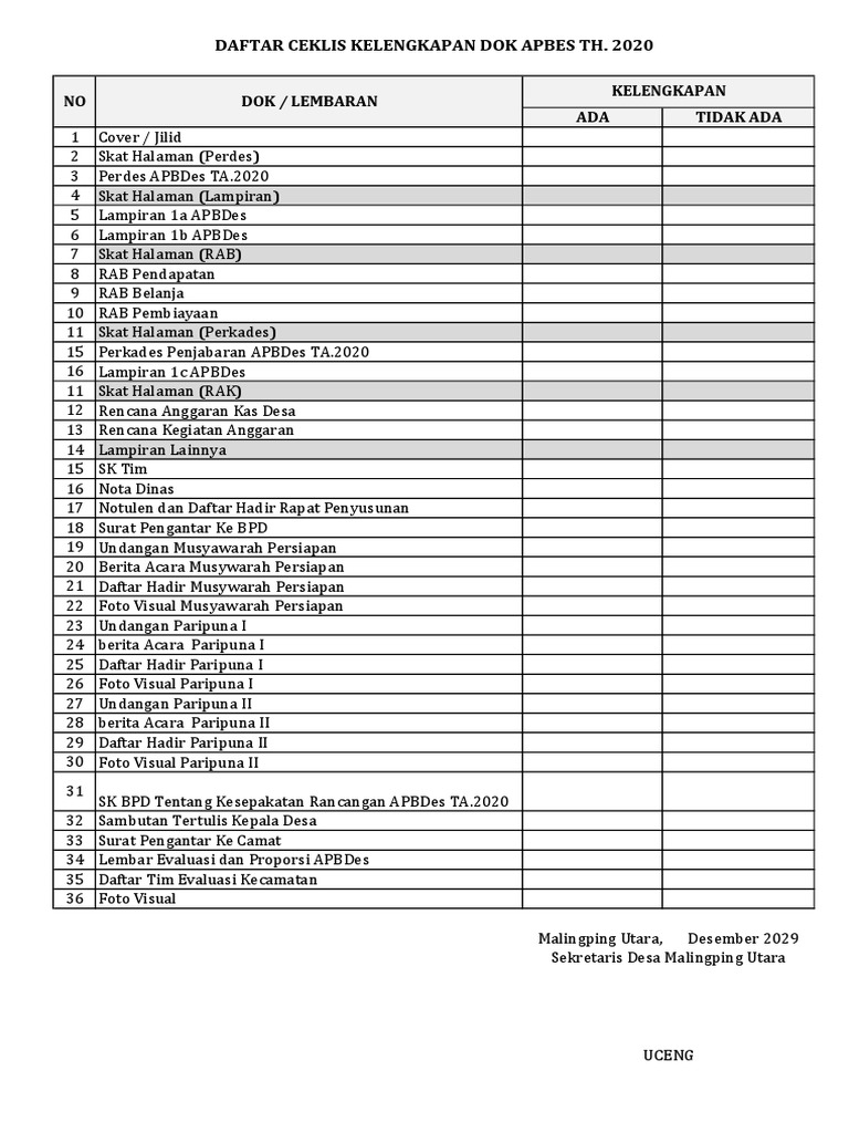 Daftar Ceklis Kelengkapan Apbdes | PDF