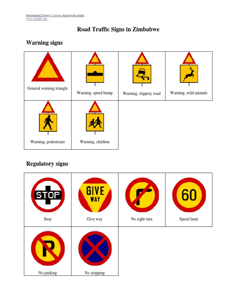Zimbabwe Road Traffic Signs | PDF