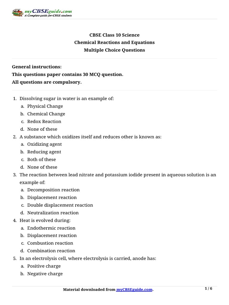 10 Science Usp MCQ Chemical Reactions and Equation PDF | PDF | Redox ...