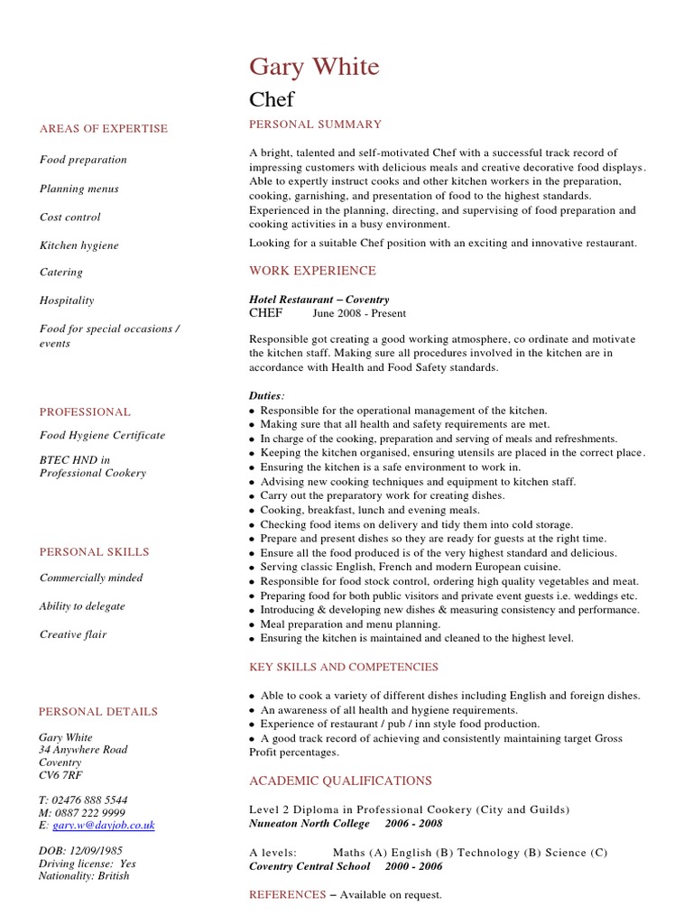Chef CV Template PDF | PDF | Chef | Kitchen