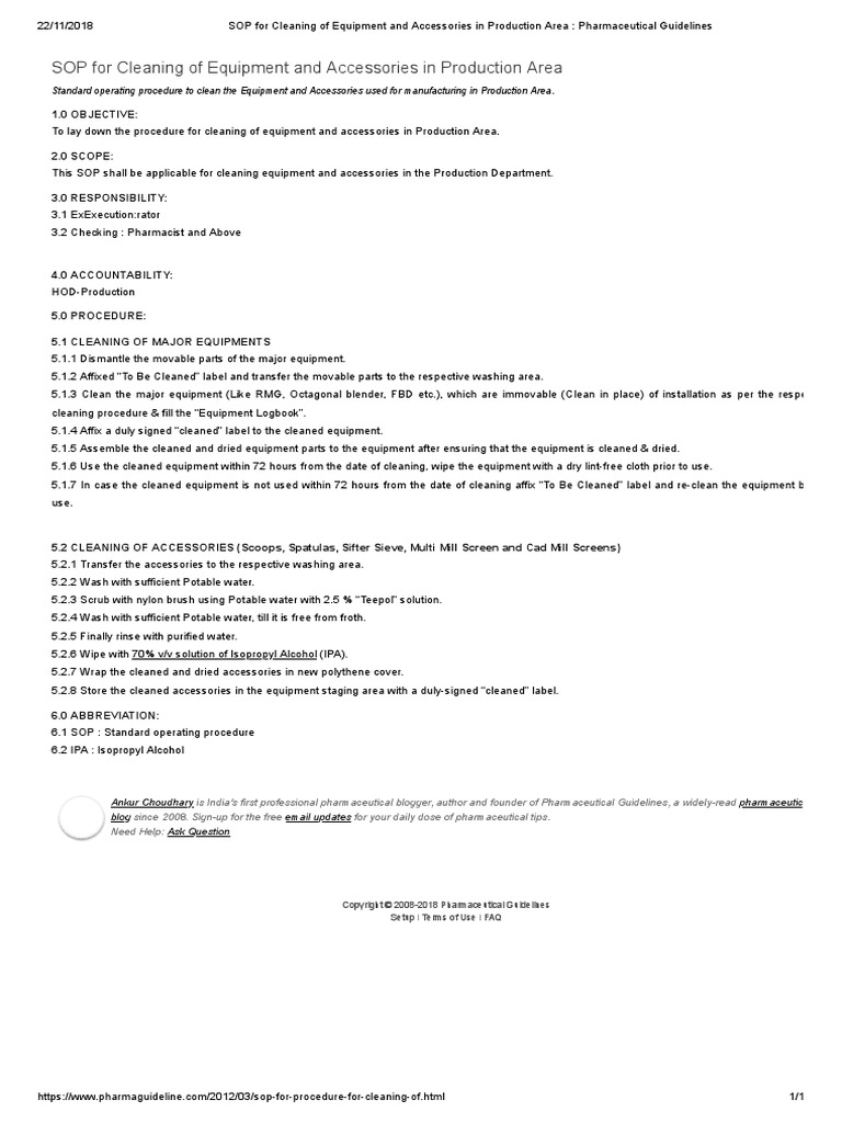 SOP For Cleaning of Equipment and Accessories in Production Area ...