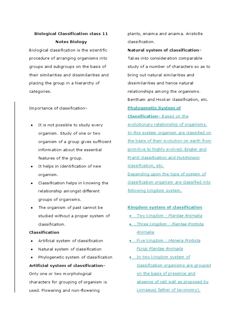 Biological Classification Class 11 Notes Biology | PDF | Taxonomy ...