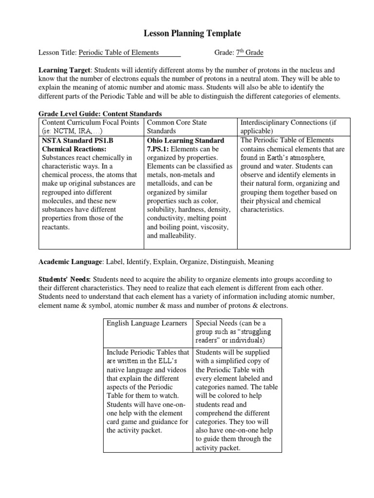 Science Practicum Periodic Table Lesson Plan | PDF | Chemical Elements ...