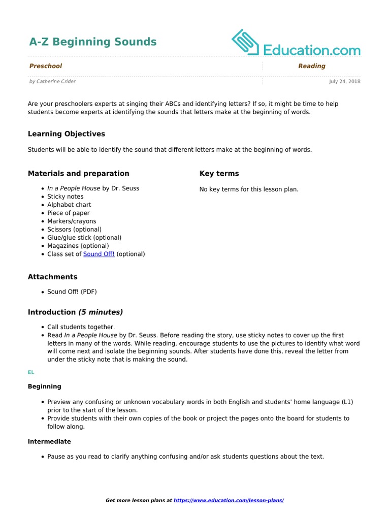A Z Beginning Sounds | PDF | Lesson Plan | Teaching