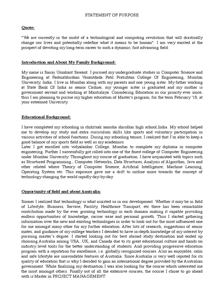 Statement of Purpose | PDF | Project Manager | Project Management