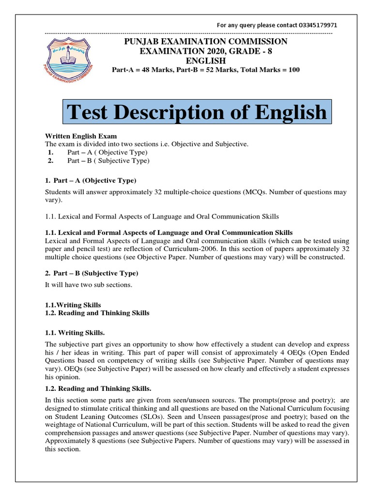 Grade - 8 Test Description ENGLISH | PDF | Test (Assessment) | Multiple ...