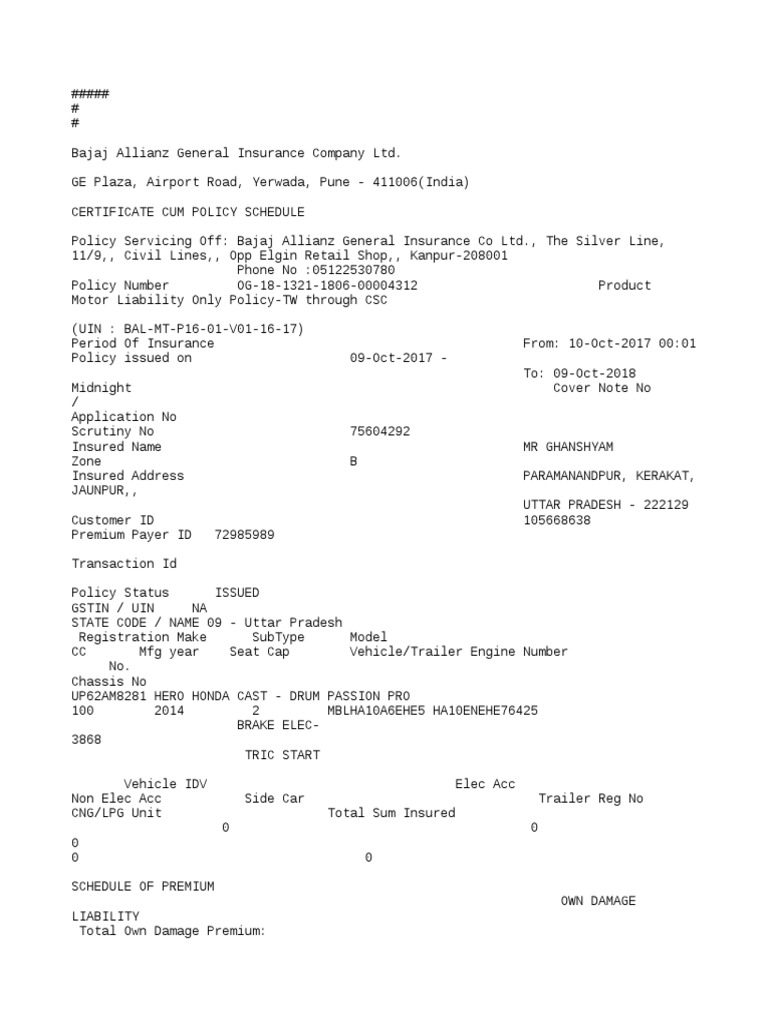 Bajaj Allianz Third Party Bike Insurance Policy Sample | PDF ...