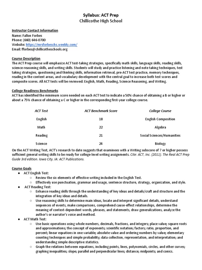 ACT Prep Syllabus (Spring 2020) | PDF | Act (Test) | Equations