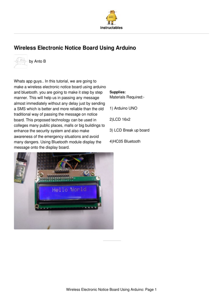 Wireless Electronic Notice Board Using Arduino PDF | PDF | Arduino | Bluetooth