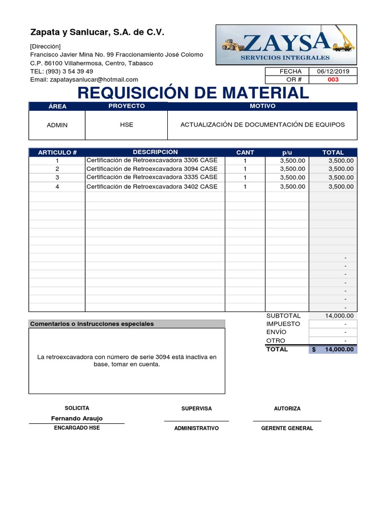 Formato Orden de Requisicion de Materiales | PDF