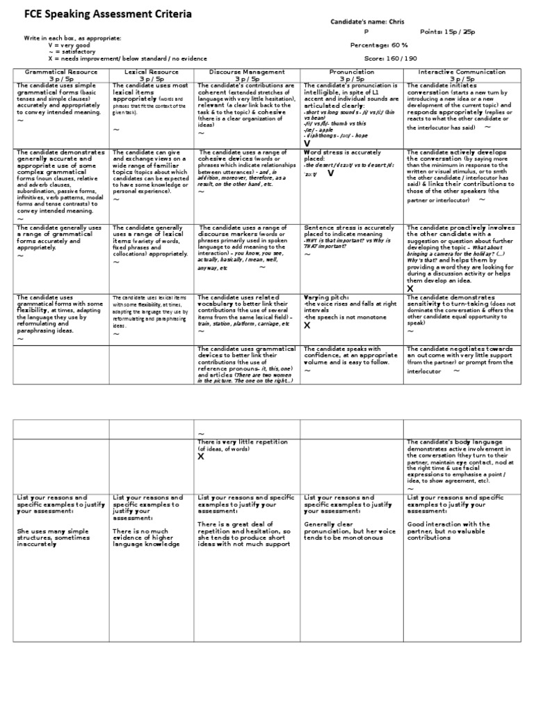 FCE - Speaking Assessment Criteria - Chris | PDF | Verb | Linguistic ...