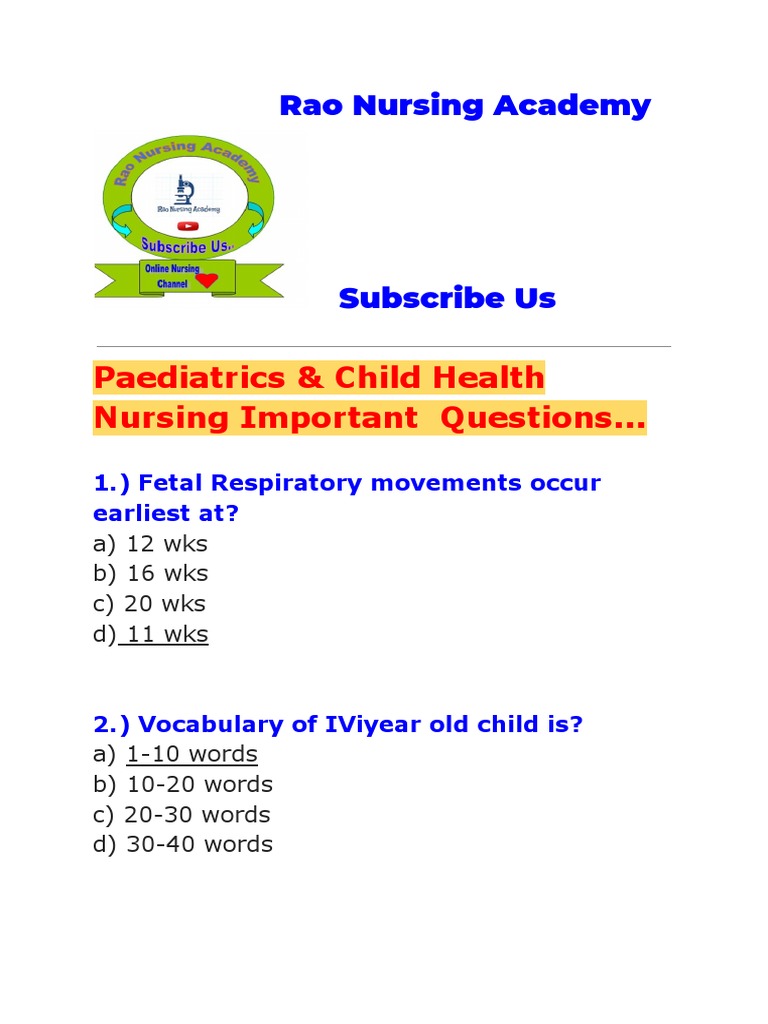 Paediatrics & Child Health Nursing Important Questions: A Comprehensive ...