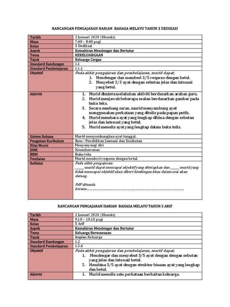 RPH Bahasa Melayu Tahun 3 Dan Tahun 5 | PDF