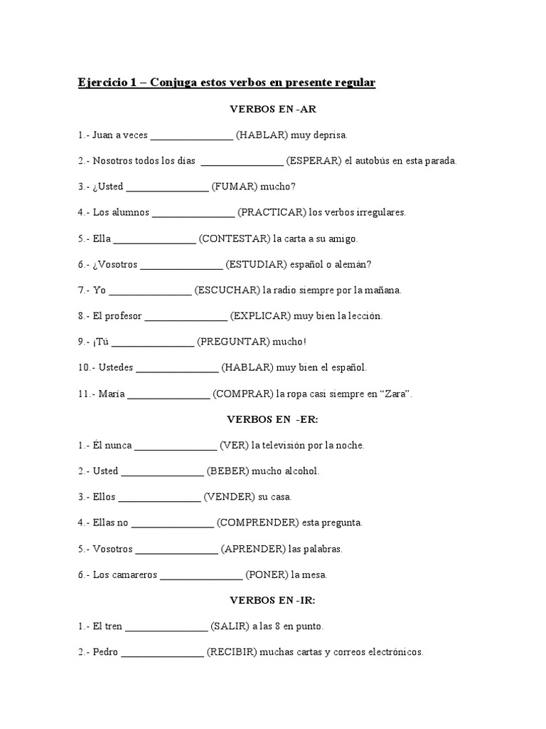 Ejercicios Verbos Presente de Indicativo Regular | PDF