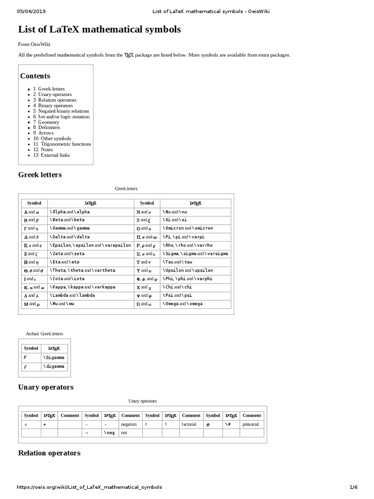 List of LaTeX Mathematical Symbols - OeisWiki | Download Free PDF ...