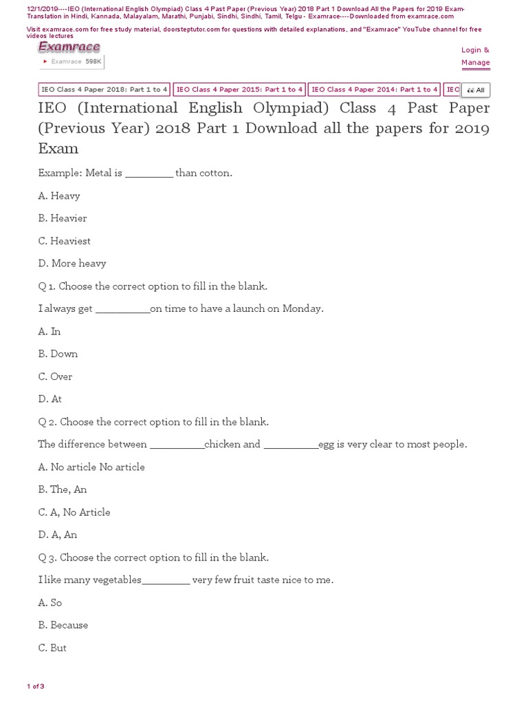 IEO Class 4 Paper 2018 Part 1 | PDF