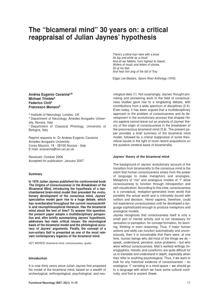 Reassessing Jaynes' Bicameral Mind Theory | PDF | Consciousness ...