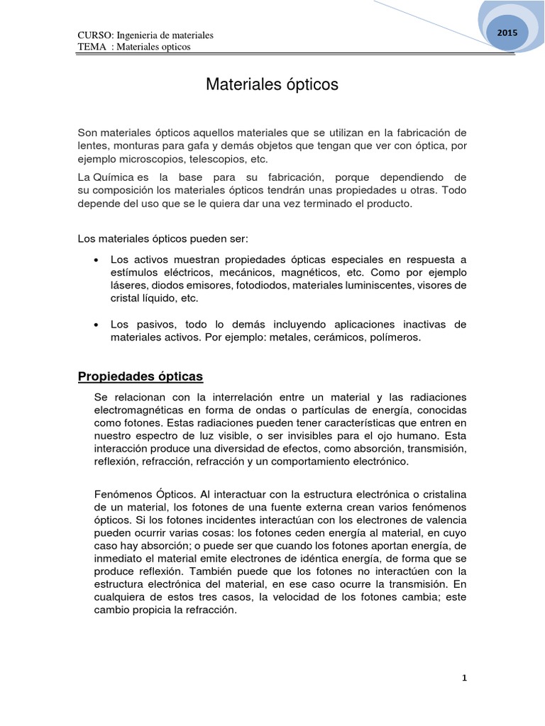 Materiales Opticos | PDF | Polimetacrilato de metilo) | Fibra óptica