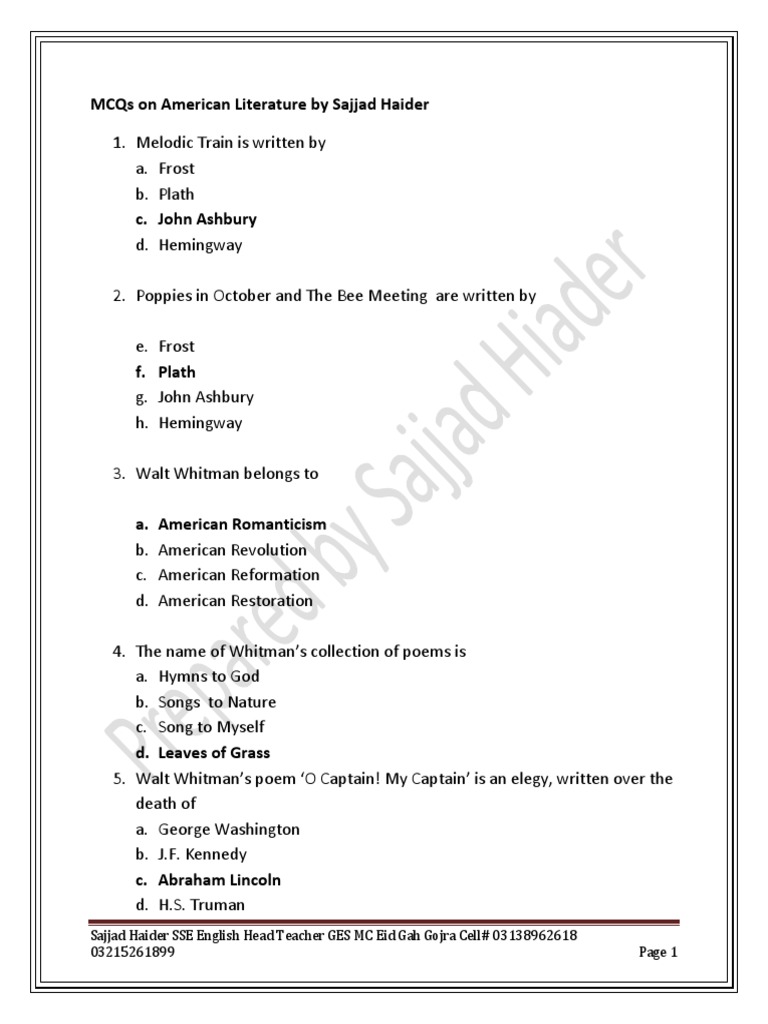 American Literature MCQs by Sajjad Haider | PDF | American Literature ...